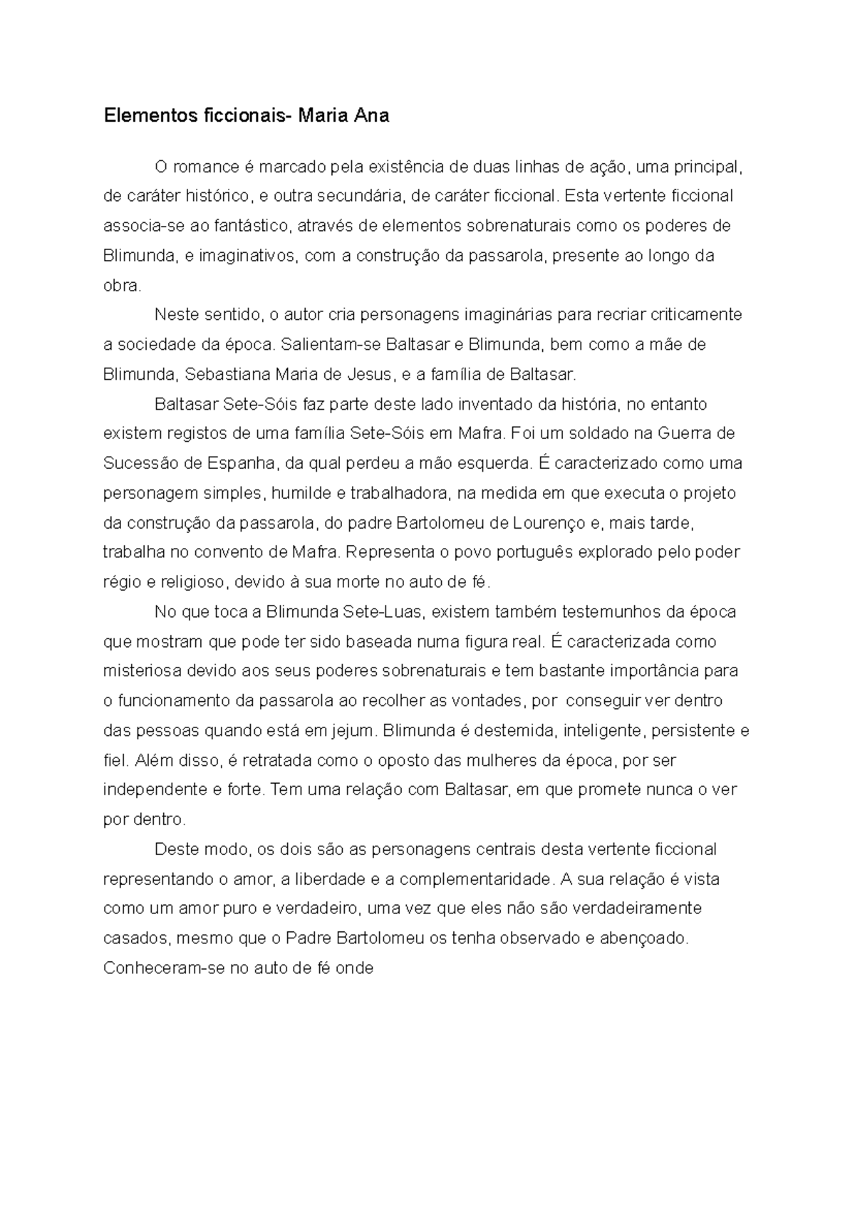 Elementos Ficionais em "Memorial do Convento" - Maria Ana - Studocu