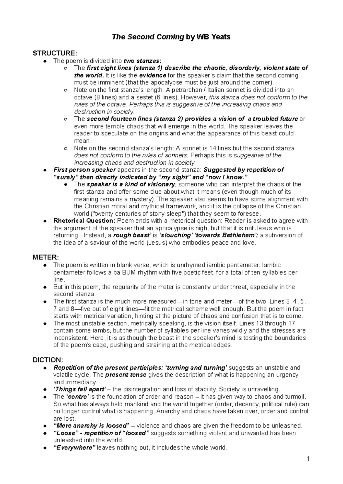 The Second Coming (ENG 101) Analysis and Notes on W.B. Yeats' Poem ...