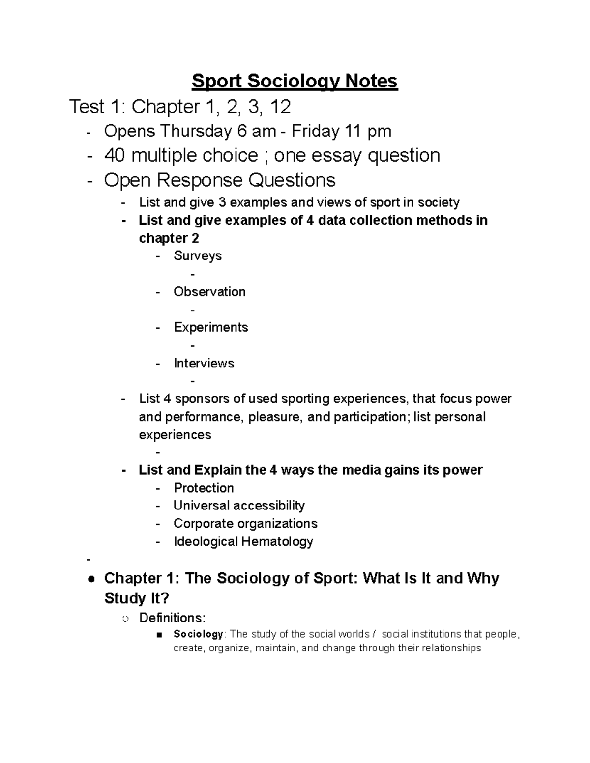 Sociology of Sport SOC101 Study Notes for Test 1 (Ch 1,2,3,12) - Studocu