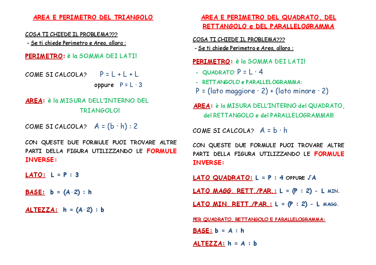 Formule per Area e Perimetro di Figure Geometriche - Matematica 101 ...