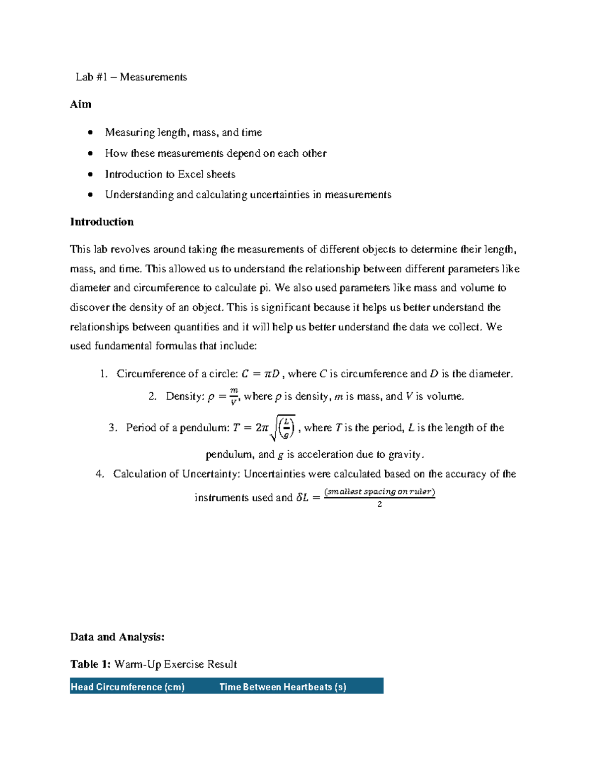 Lab Report #1 - Lab #1 - Measurements Physics 207000 - CCNY - Lab #1 – Measurements Aim ...