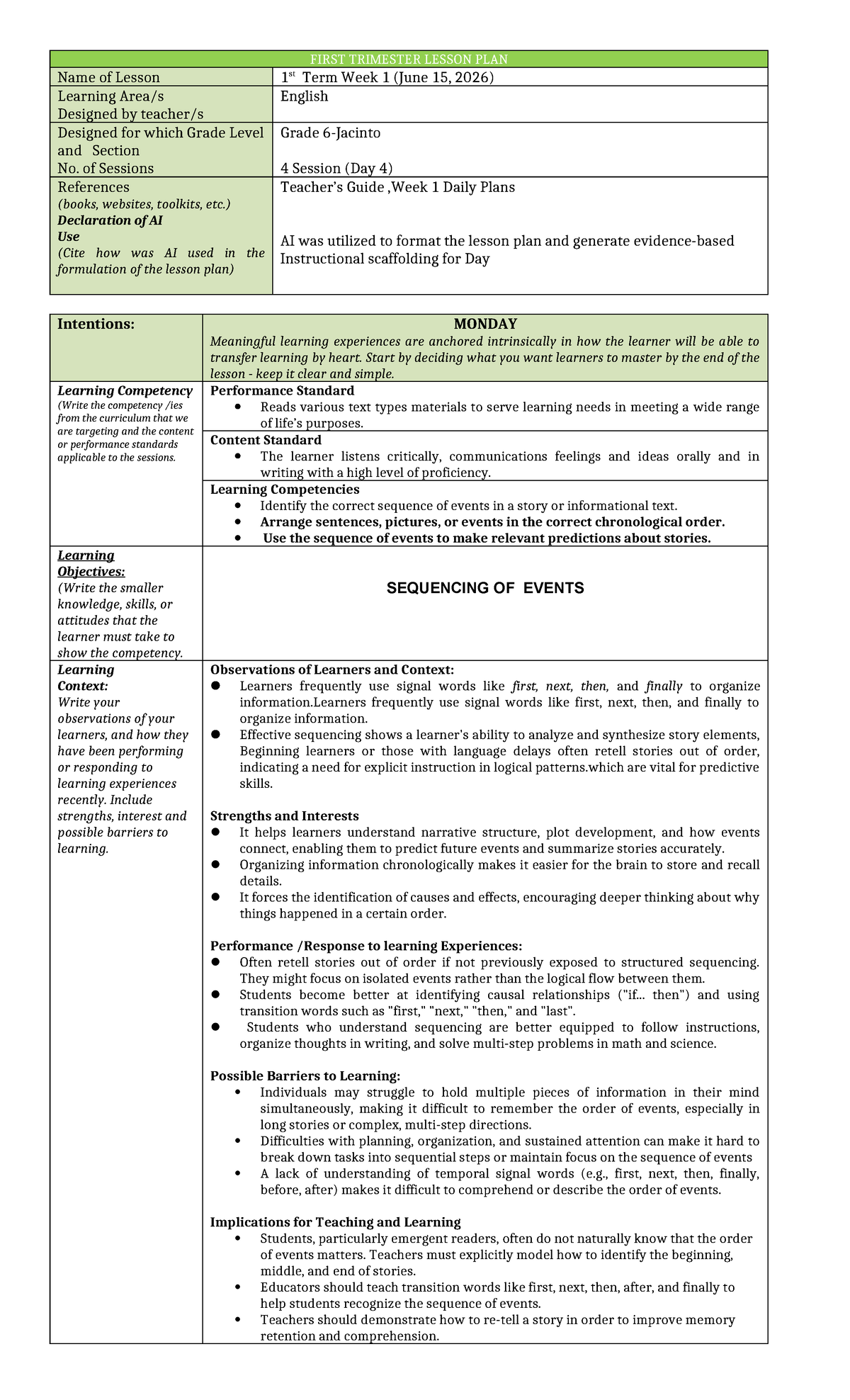 English Grade 4 Lesson Plan: Sequencing Events - Week 1 Day 4 - Studocu