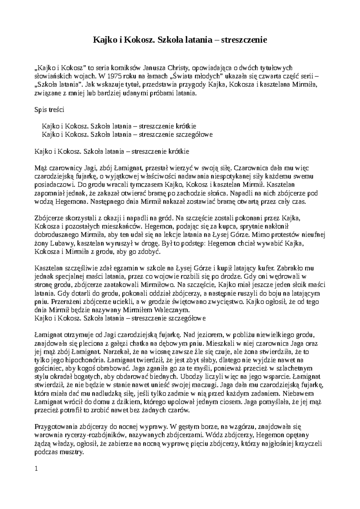 Kajko i Kokosz - Szkoła latania - Streszczenie komiksu z 1975 r. - Studocu