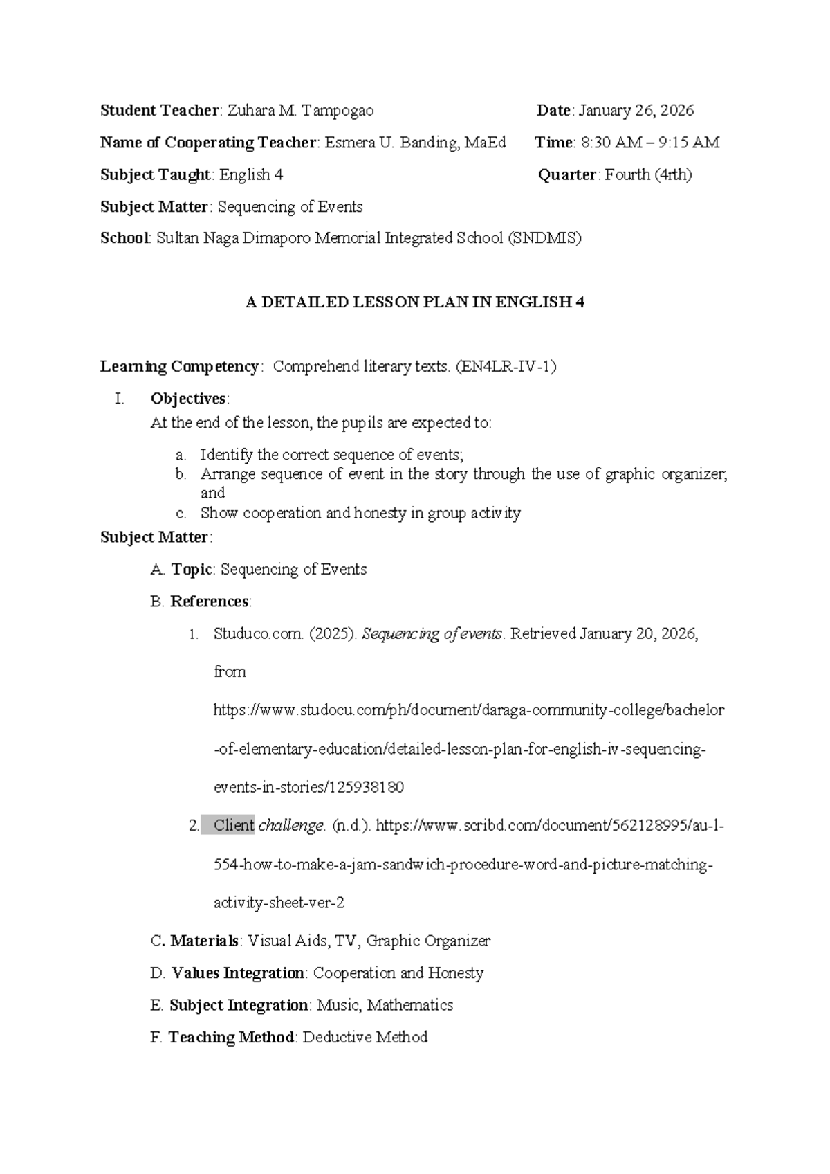Detailed Lesson Plan: Sequencing of Events in English 4 (4th Quarter ...