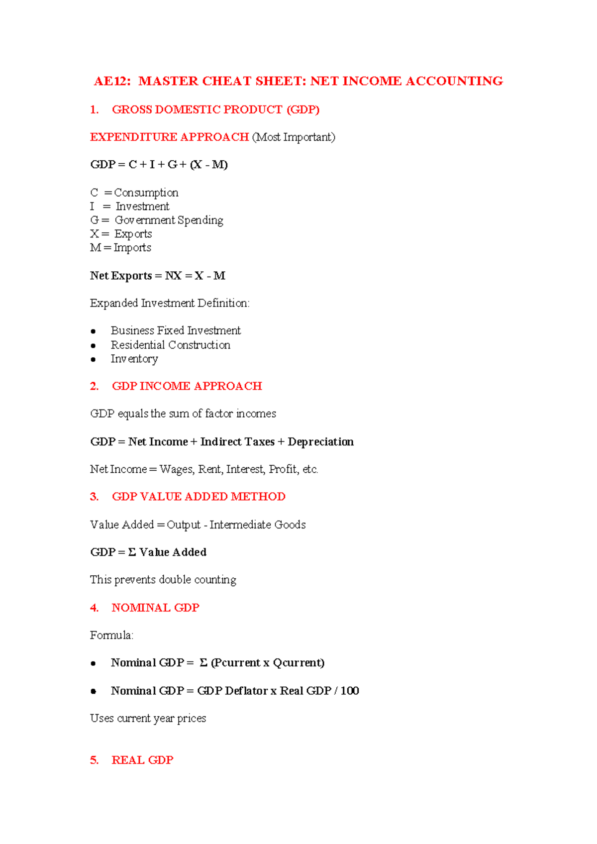 AE12: Master Cheat Sheet on National Income Accounting and GDP Methods ...