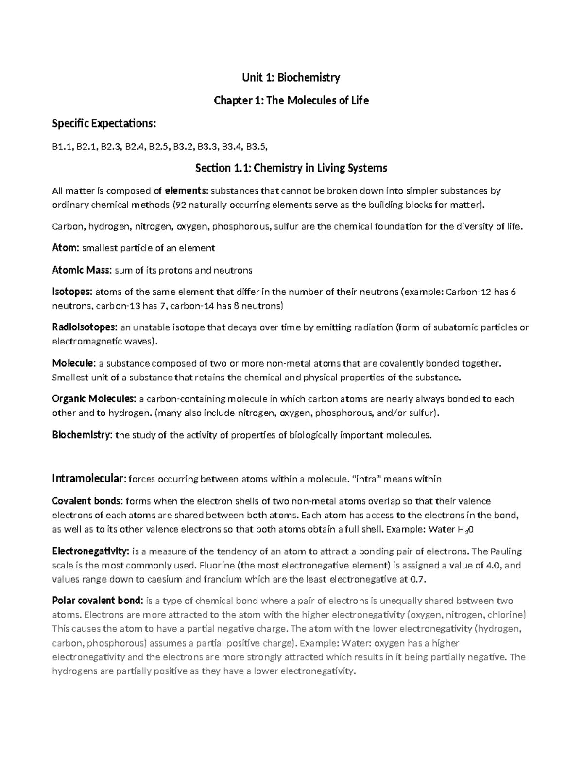 Biochemistry Unit Notes - Unit 1: Biochemistry Chapter 1: The Molecules ...