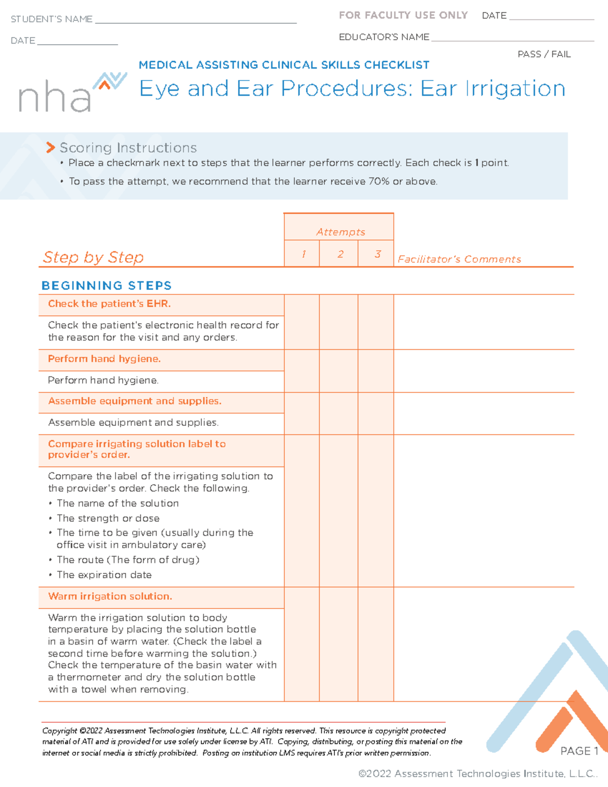 NHA Eye and Ear Procedures: Ear Irrigation Checklist Guide - Studocu