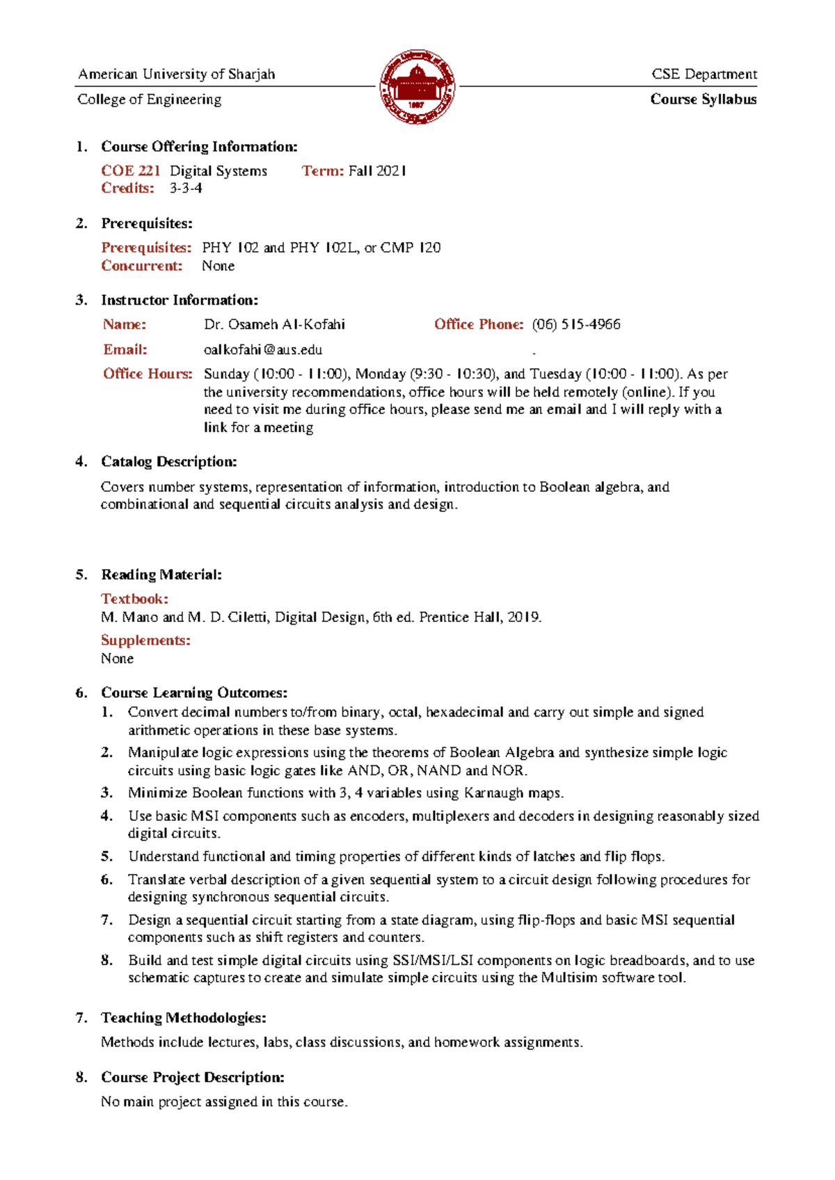 COE221-Digital Systems Course Syllabus - Fall 2021 - Studocu