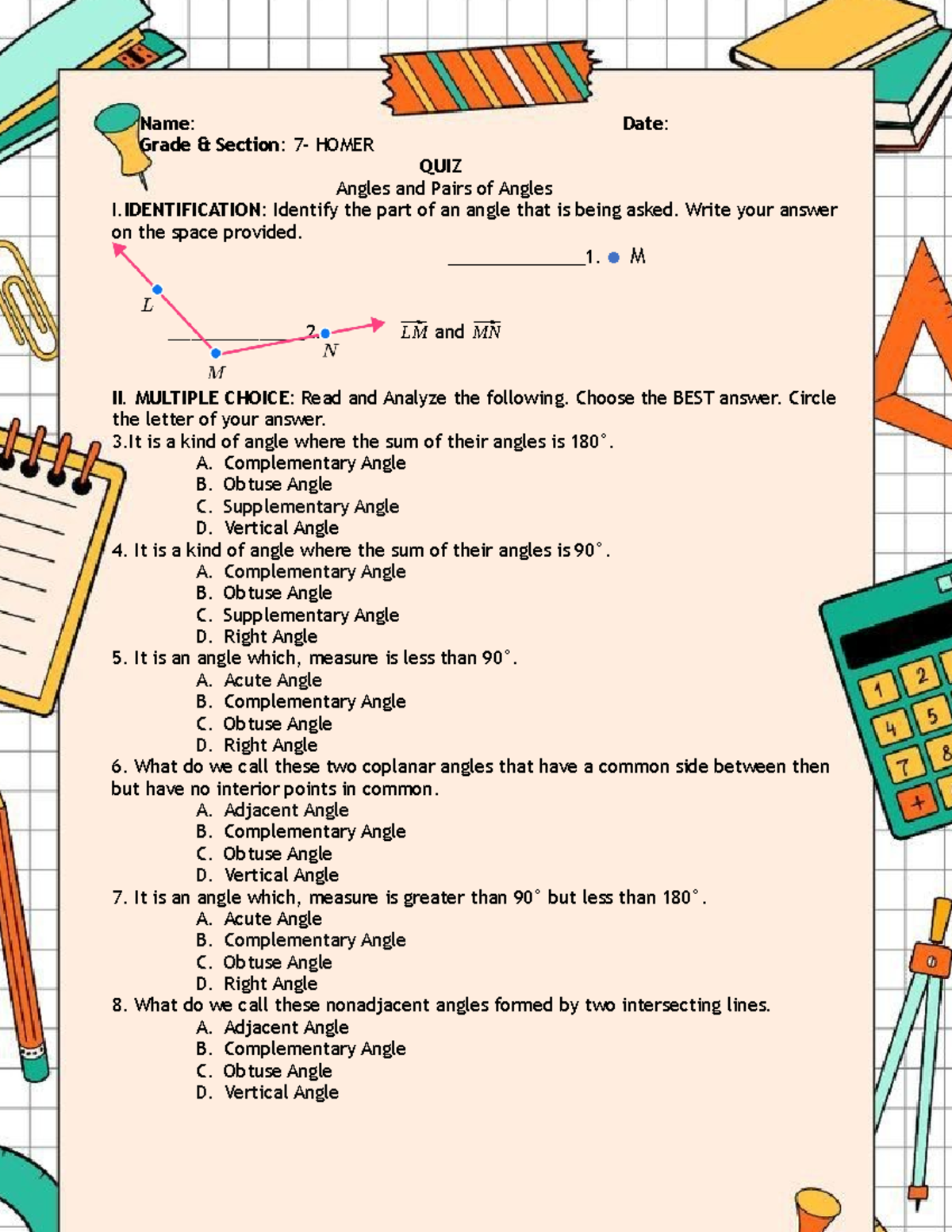 Grade 7 QUIZ: Angles and Pairs of Angles Review - Studocu
