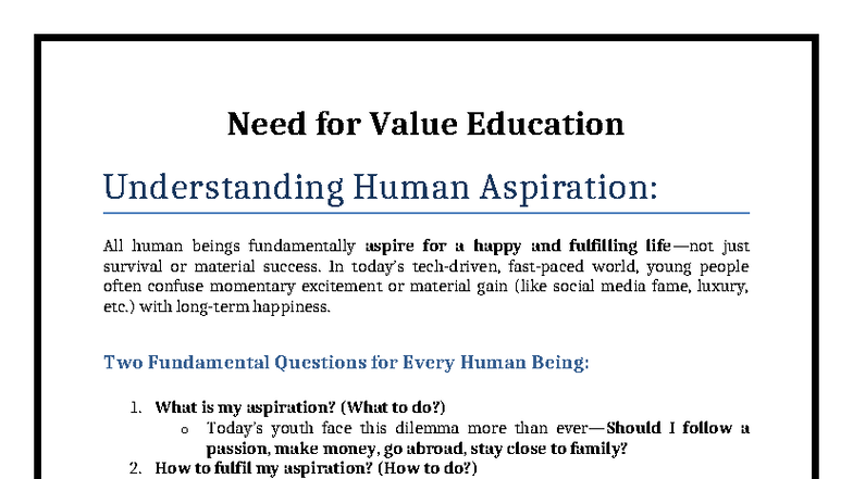 UHV 1 - Understanding Value Education and Human Aspirations - Studocu