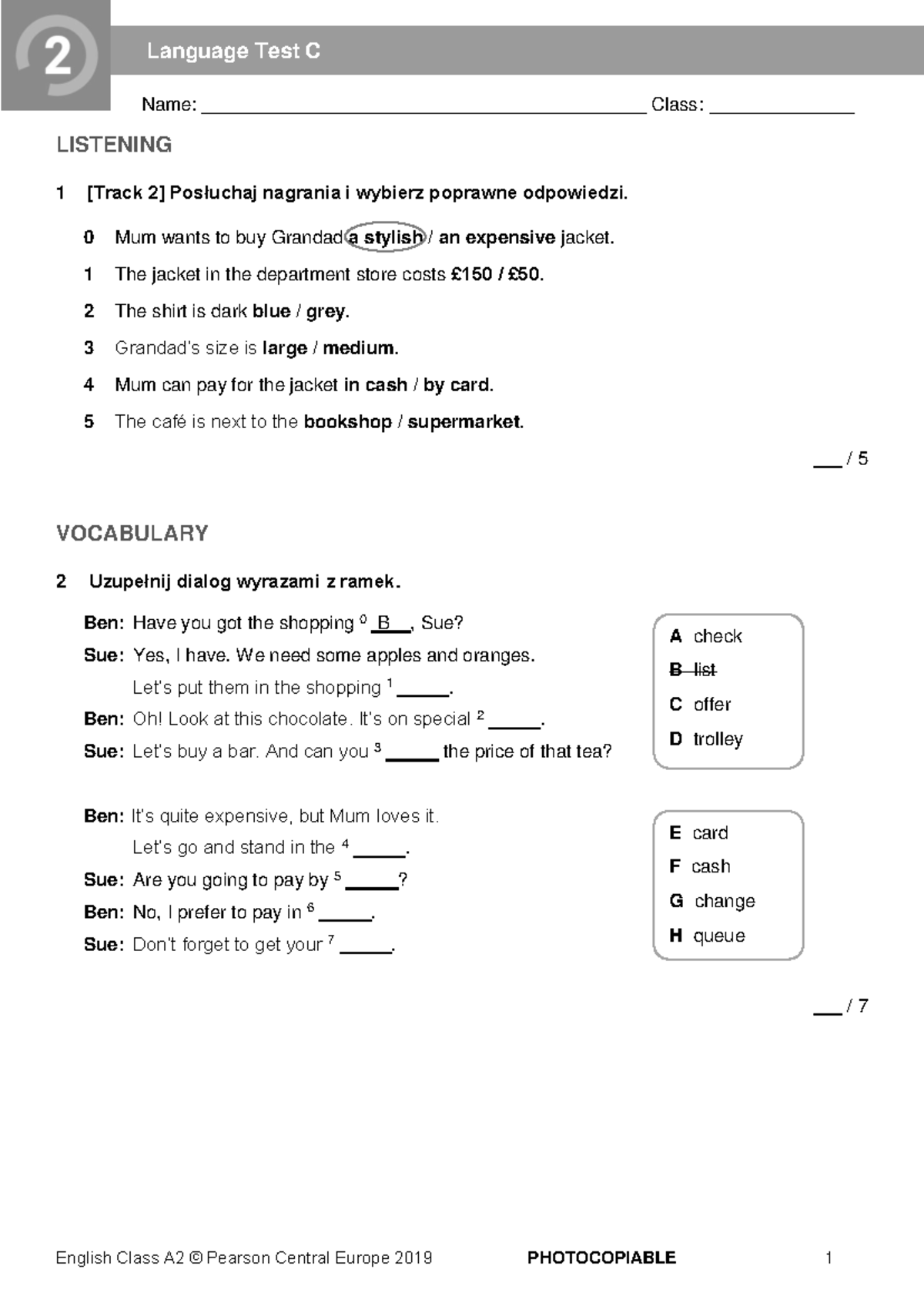EC A2 Language Test 2C - Listening, Vocabulary, Grammar, Reading ...