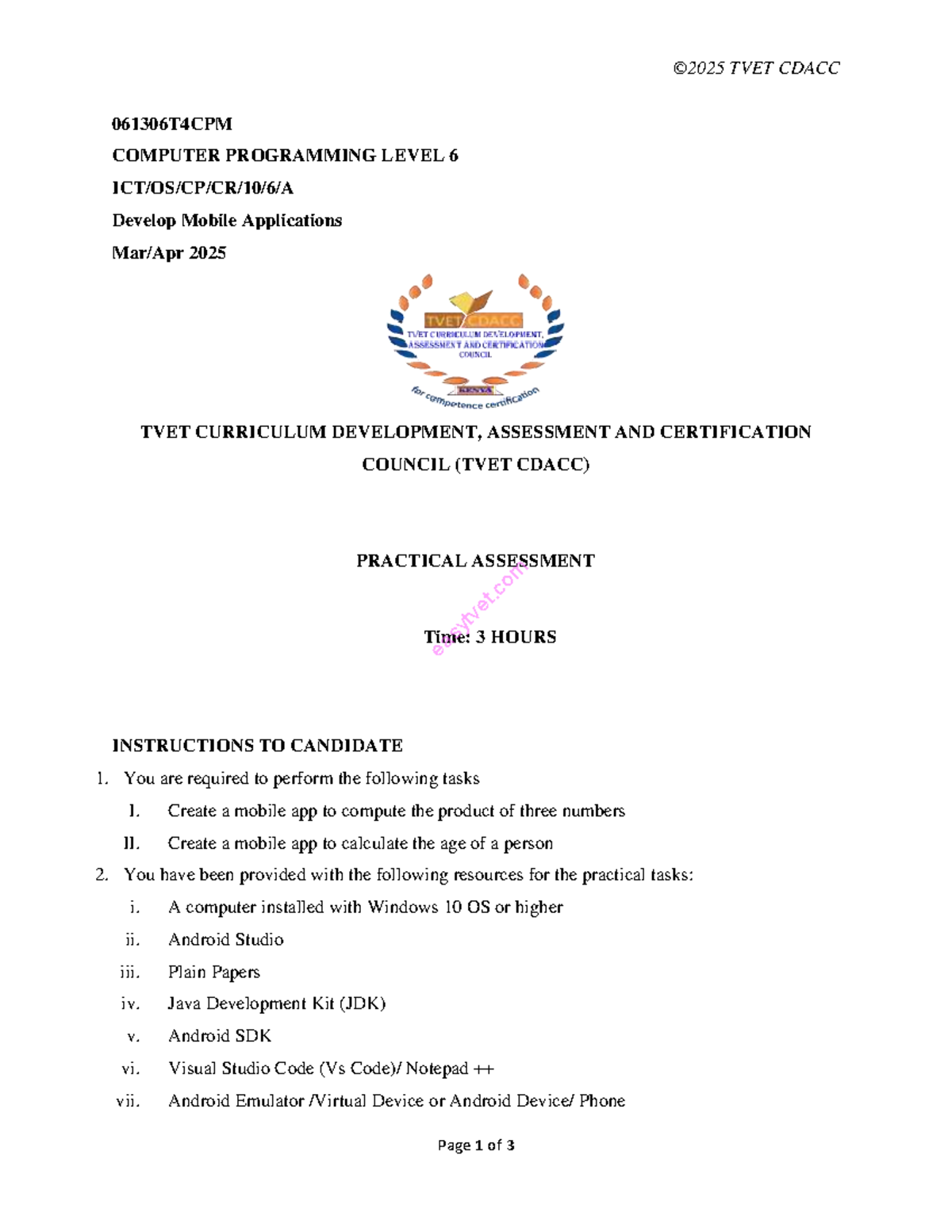 TVET CDACC 061306T4CPM Mobile App Practical Assessment 2025 - Studocu