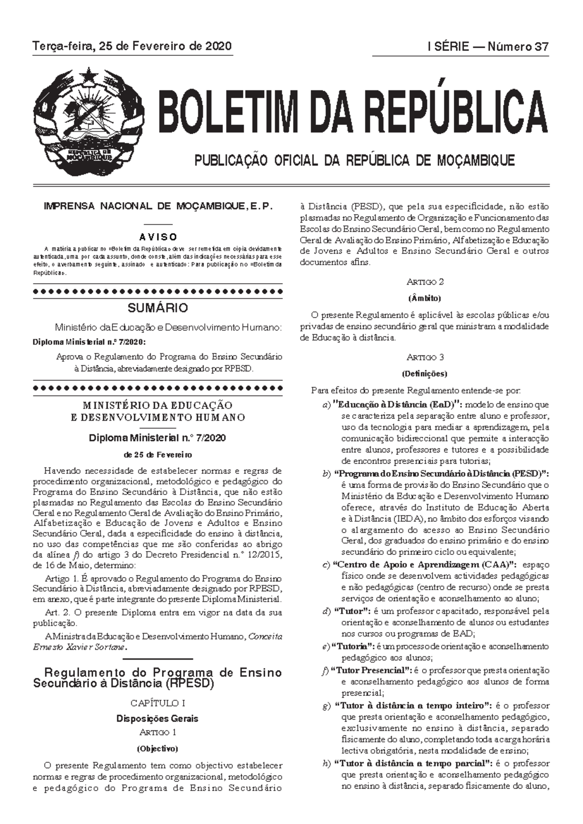 Regulamento do Programa de Ensino Secundário à Distância - 2020 (RPESD ...