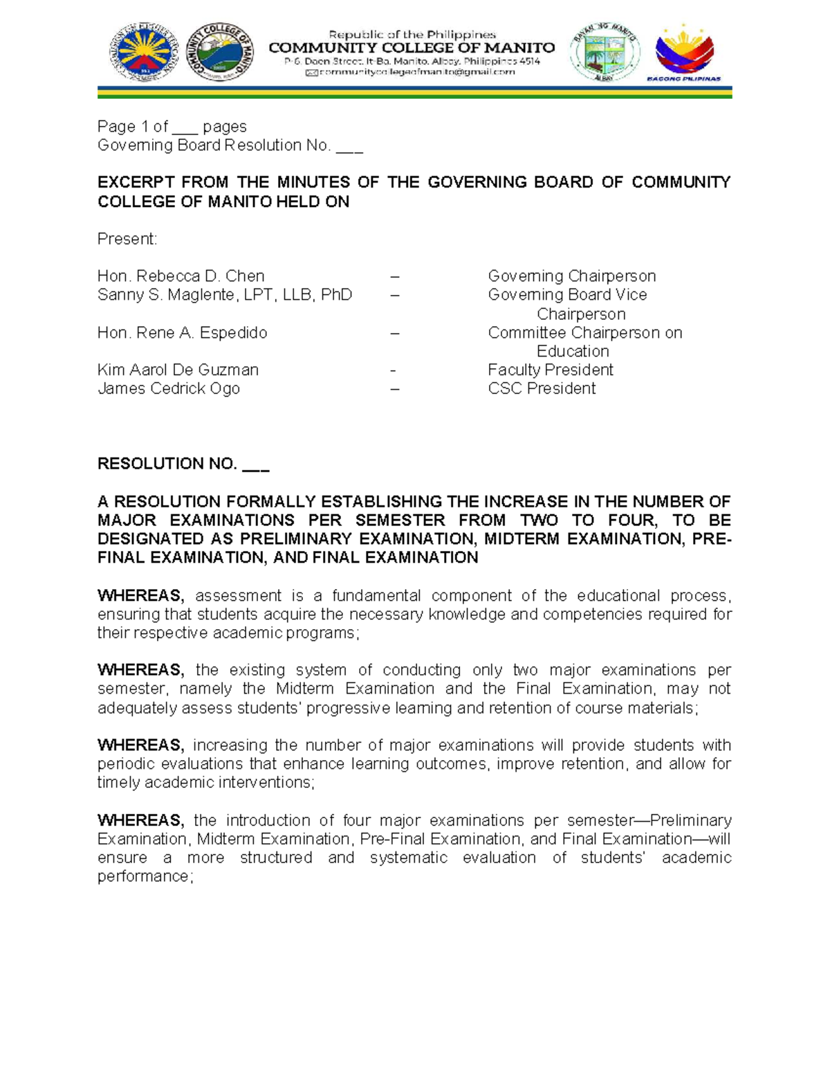 Governing Board Resolution: Increasing Major Exams to Four per Semester ...