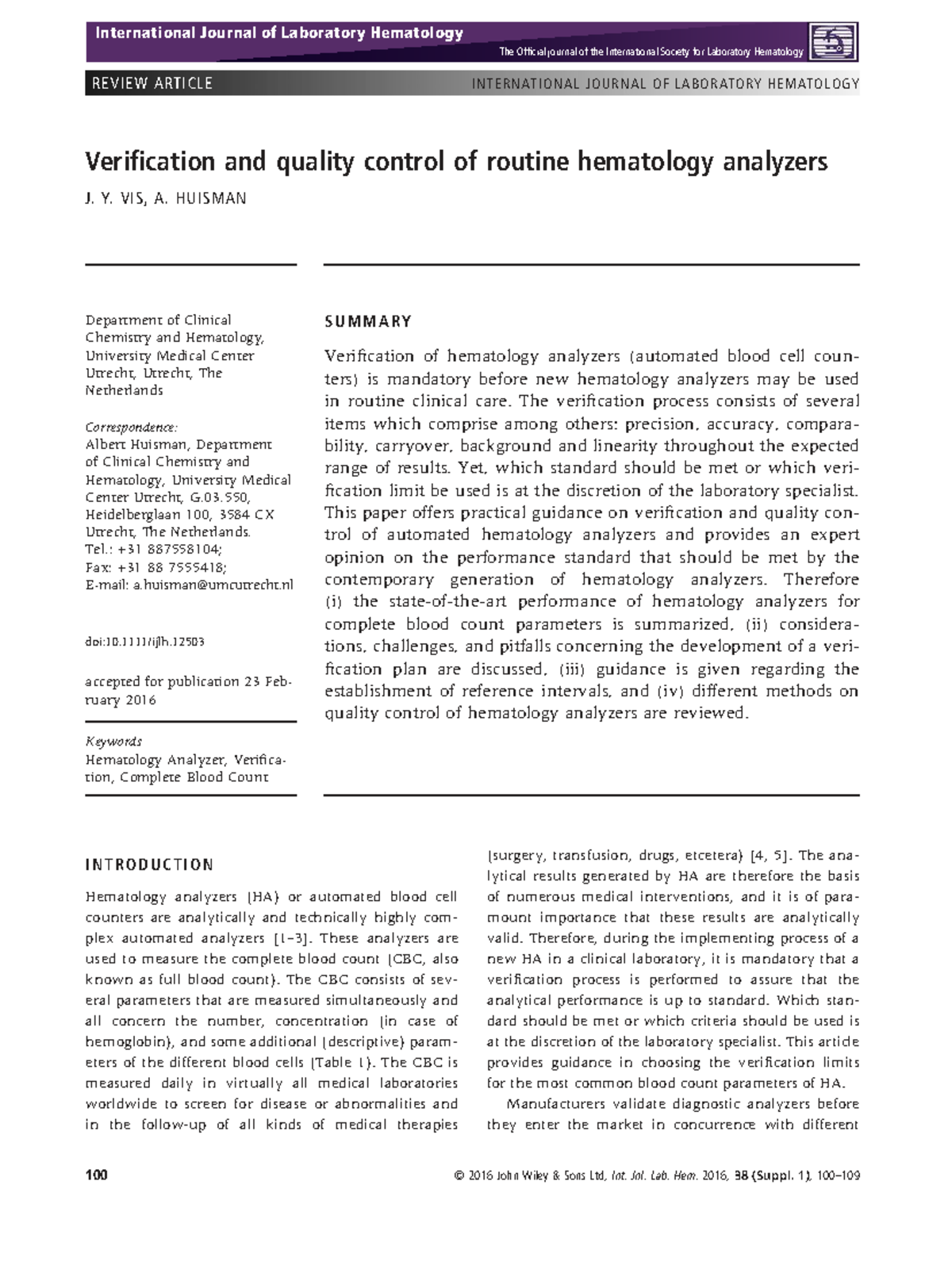 Verification and Quality Control of Routine Hematology Analyzers: A ...