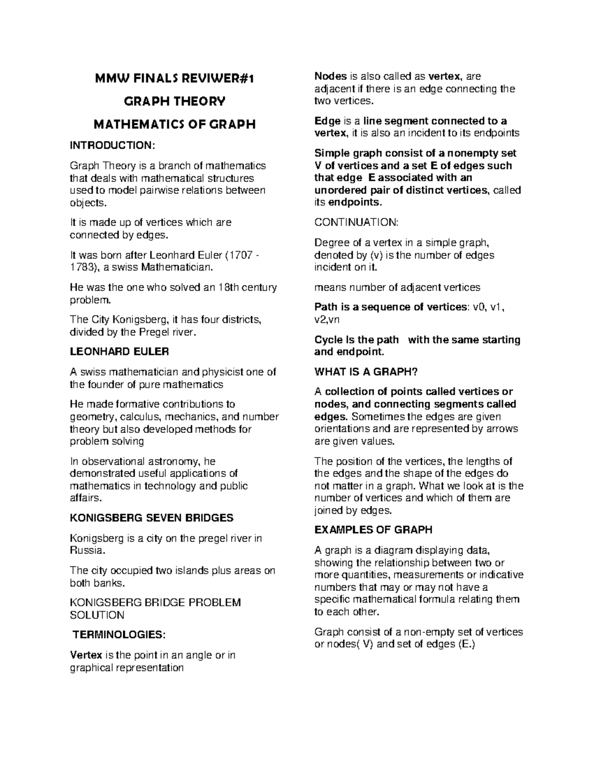 MMW Final Exam Reviewer: Key Concepts in Graph Theory & Finance - Studocu