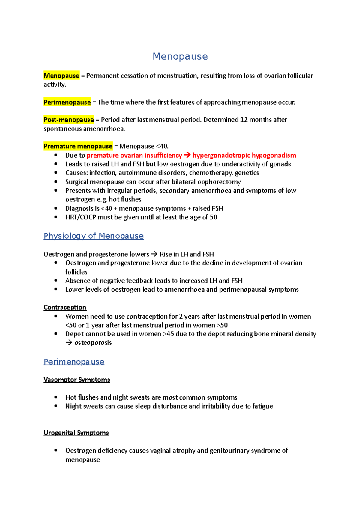 Menopause - Gynaecology Finals Revision Notes (Essential Highlights ...