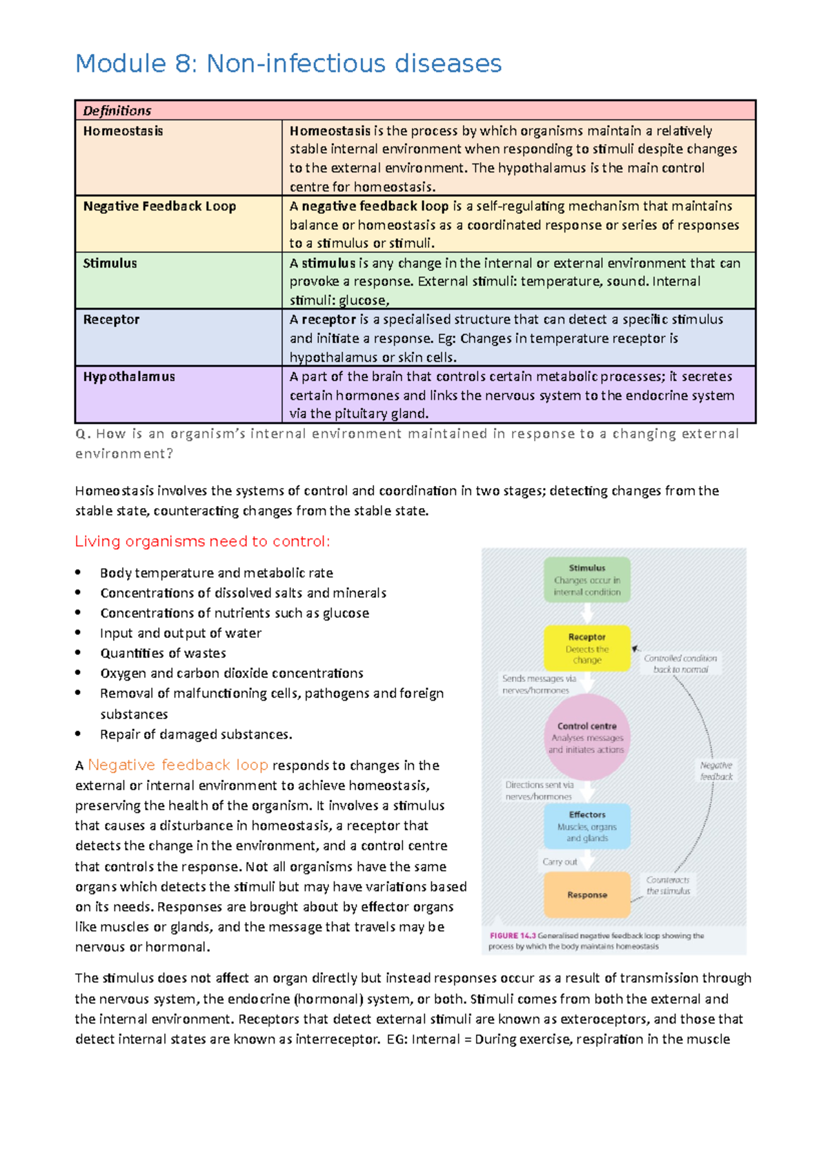 Module 8 Notes - Definitions Homeostasis Homeostasis is the process by ...
