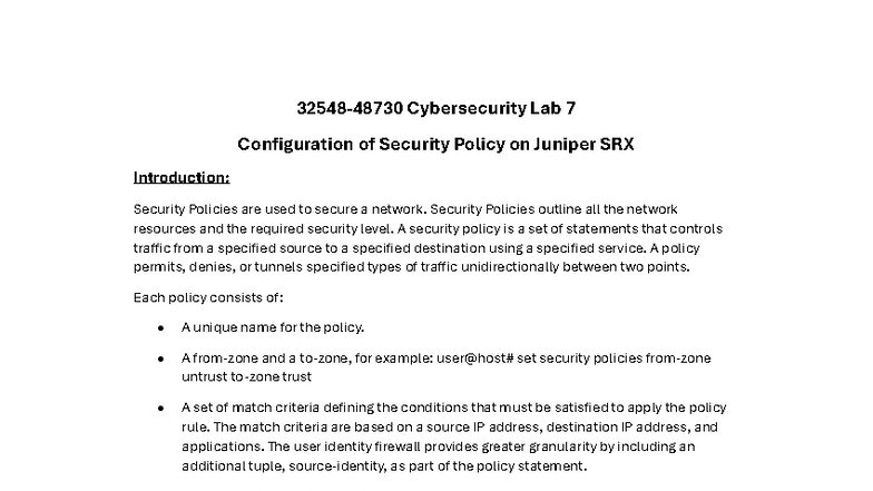 Week 8 Lab 7: Configuring Security Policies on Juniper SRX - Studocu