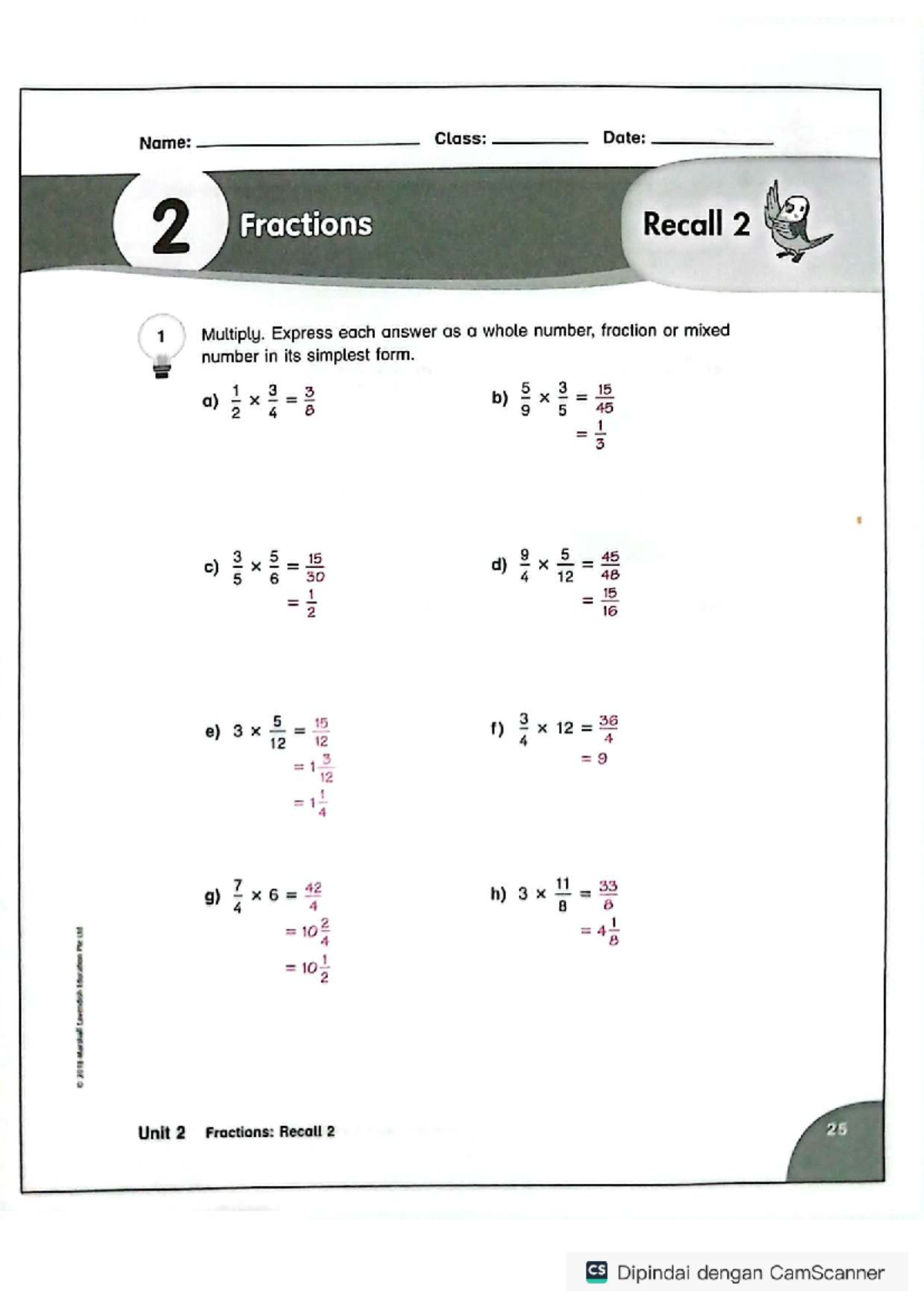 Unit 2 Fractions: Dividing Whole Numbers - Answer Key (AB 6A Pg. 25-32 ...