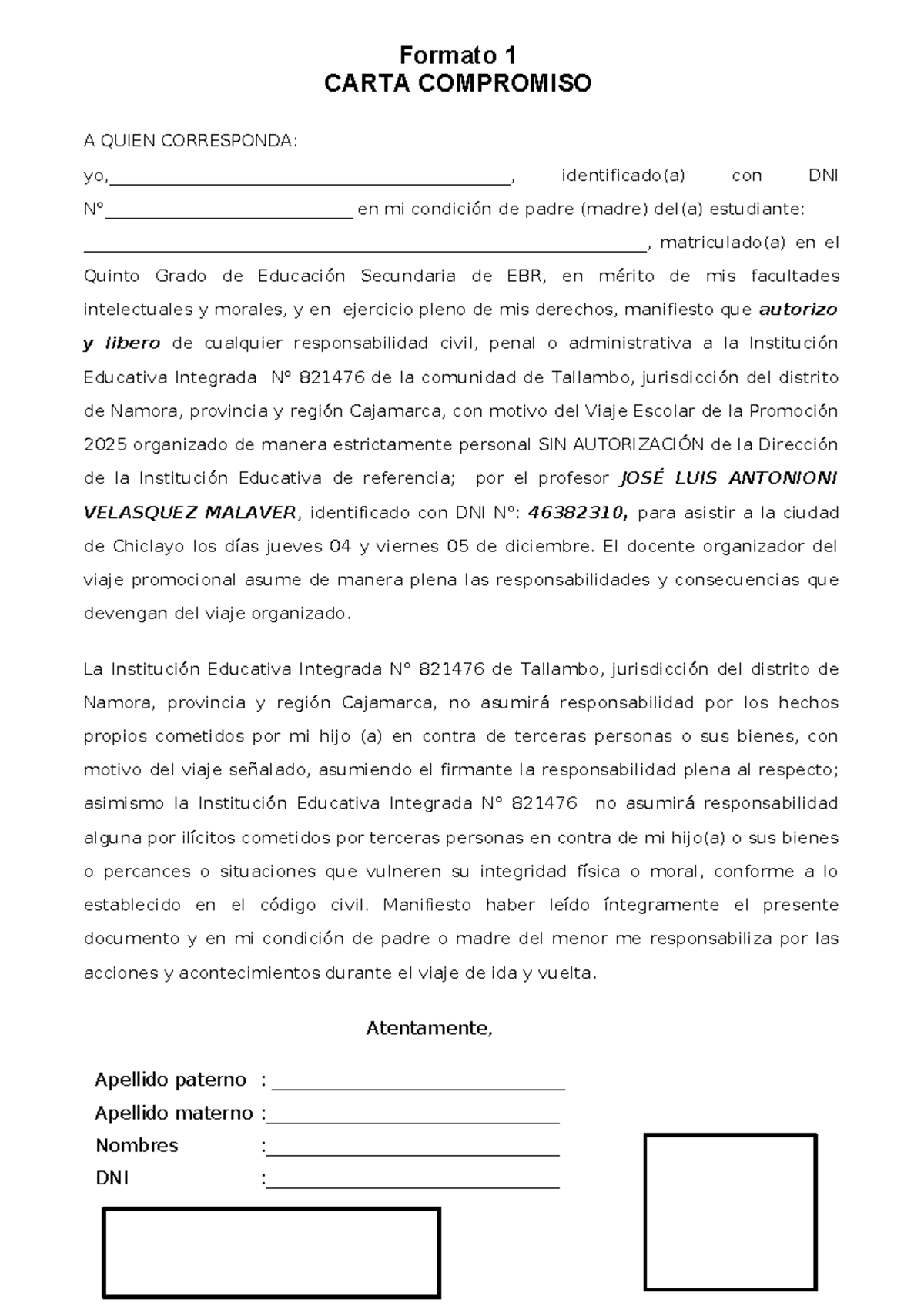 Carta Compromiso Viaje Escolar - Quinto Grado EBR 2025 - Studocu