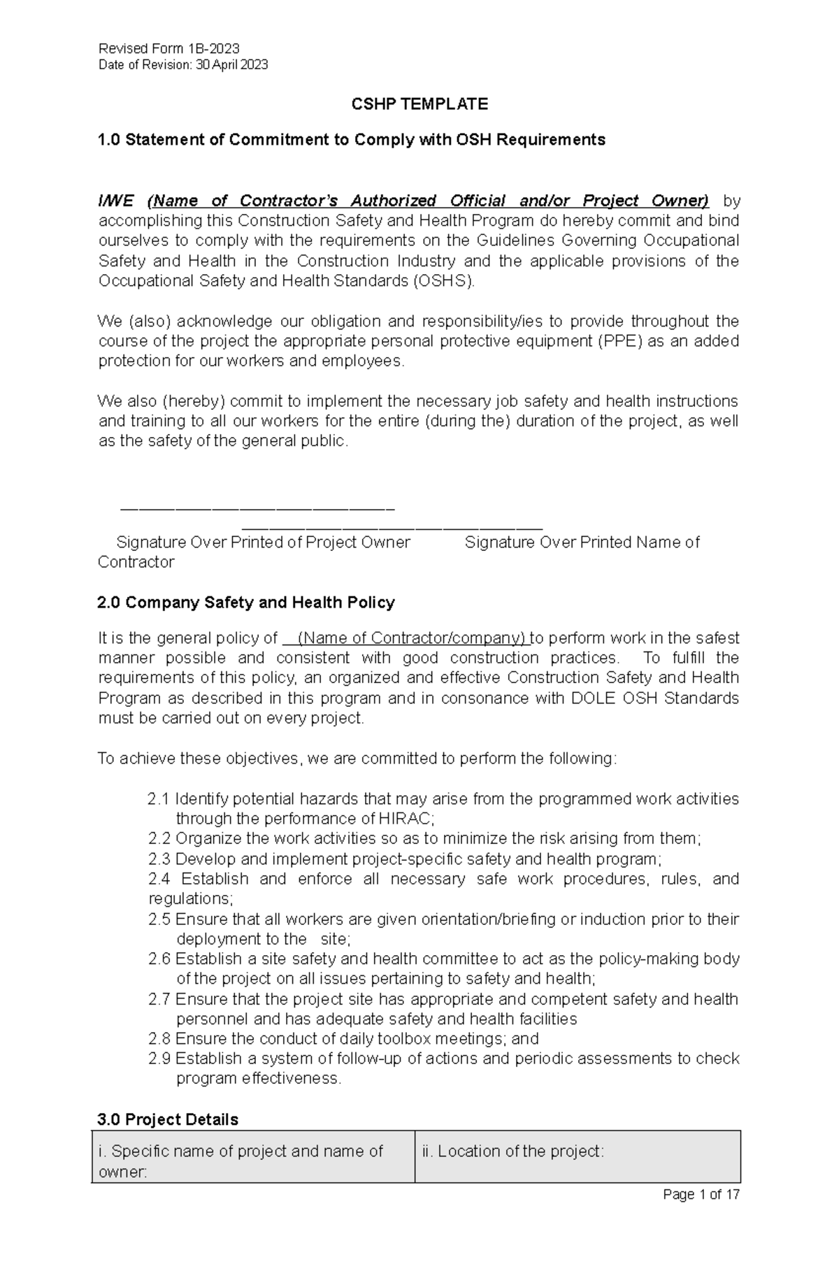 CSHP 1.0: Construction Safety and Health Program Template (Revised 2023 ...