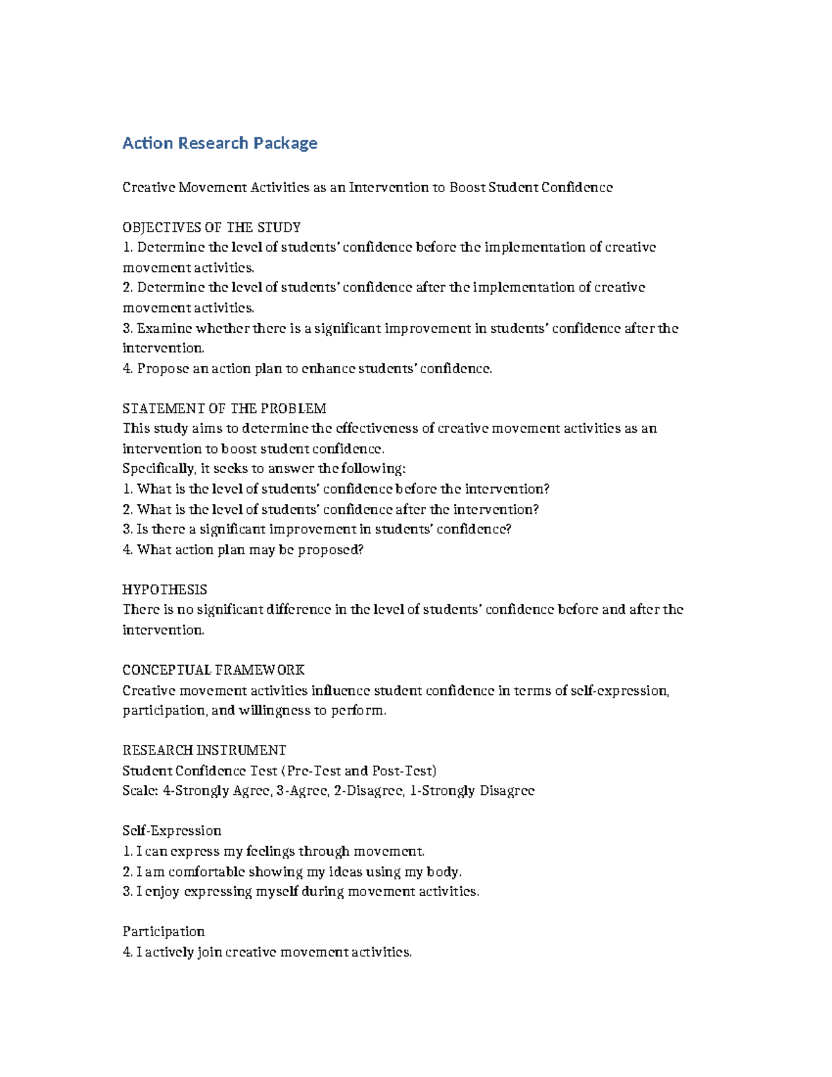 Creative Movement Activities as Confidence Boosters: Action Research ...