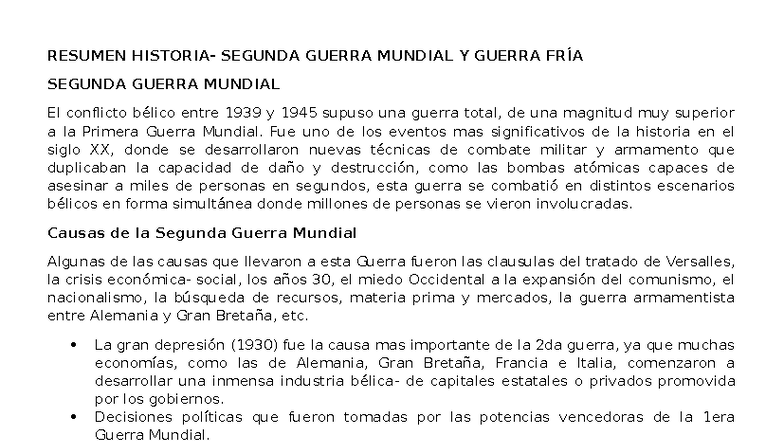 Resumen Historia: 2DA Guerra Mundial y Guerra Fría - Studocu