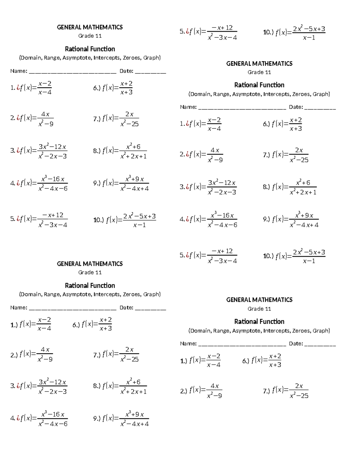 Grade 11 Rational Function Worksheet: Domain, Range, Asymptotes ...