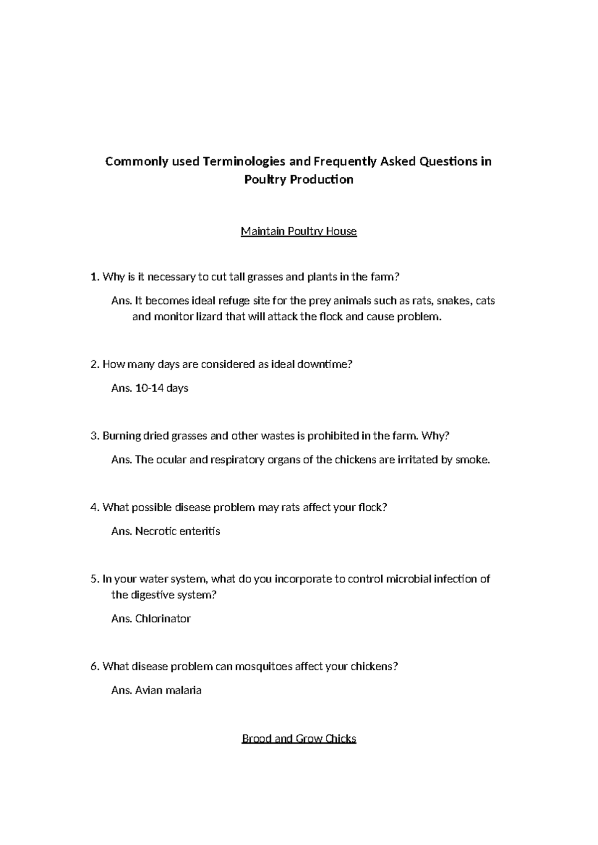 Poultry Production Terminologies & FAQs: Animal Production Review - Studocu