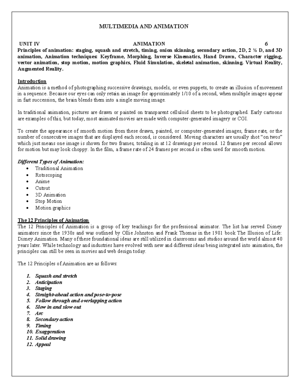 MULTIMEDIA AND ANIMATION UNIT IV: Principles & Techniques of Animation ...