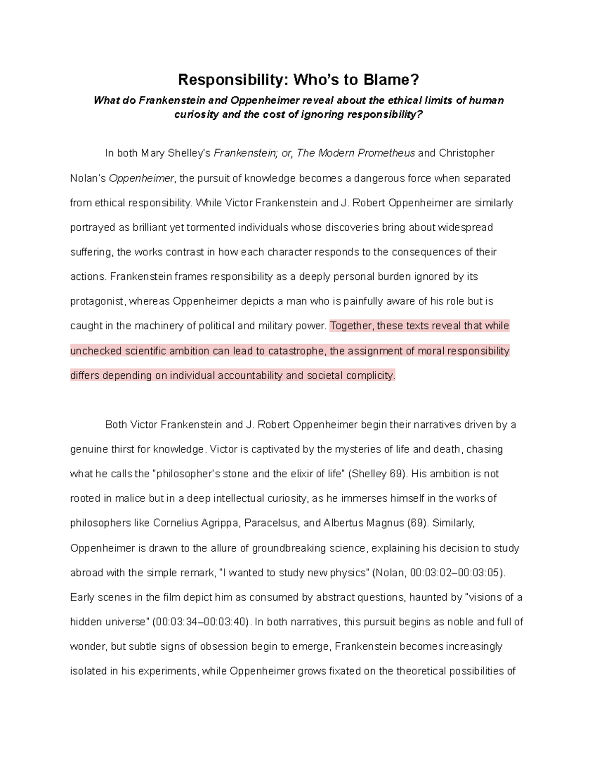 ENG 202 - Essay: Responsibility and the Ethical Limits in Frankenstein ...