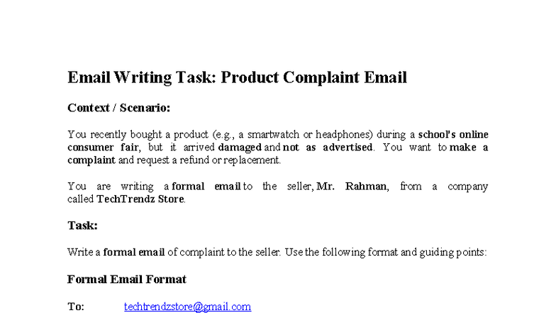 Email Writing Task: Formal Complaint to TechTrendz Store - Studocu