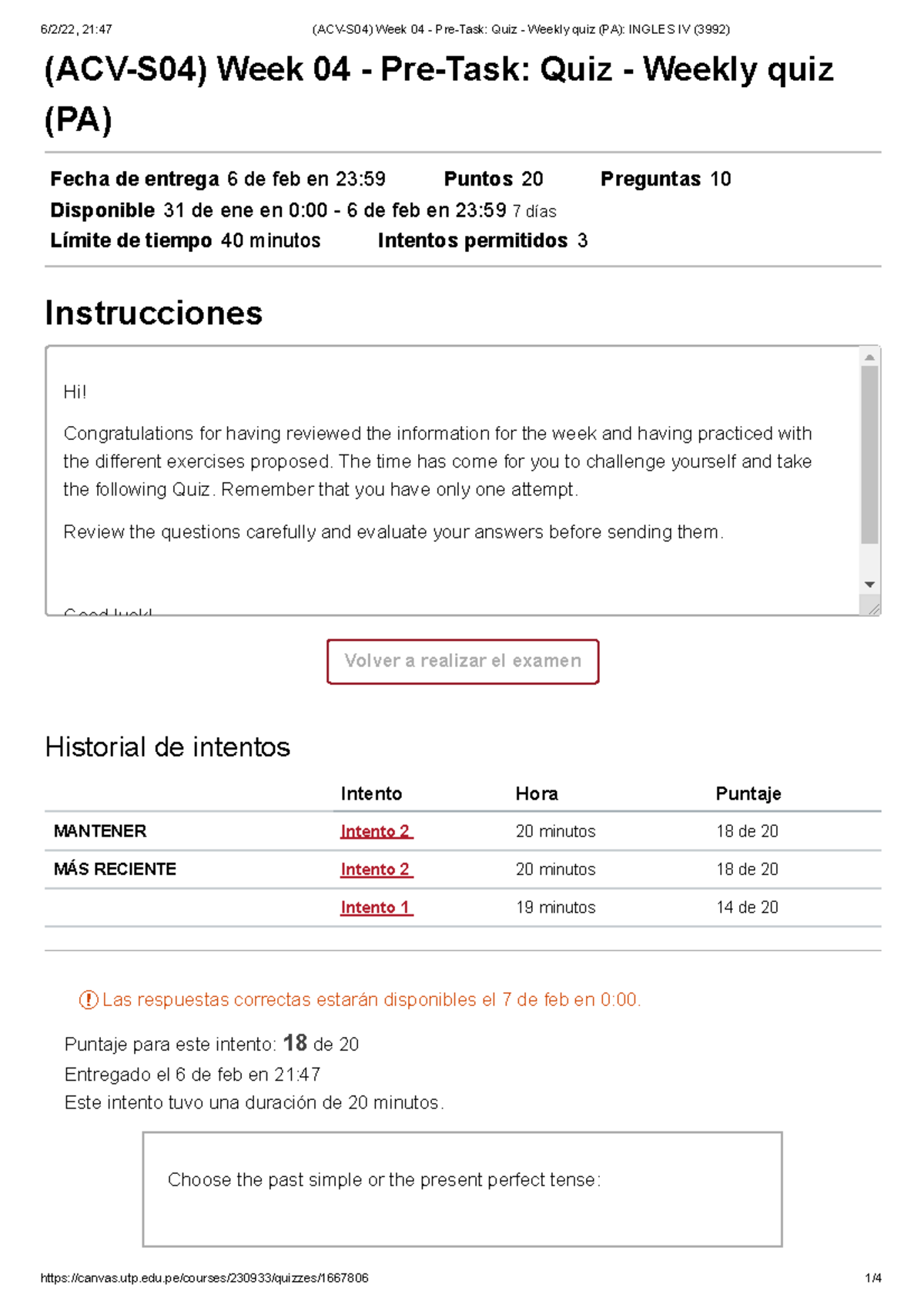 (ACV-S04) Week 04 - Pre-Task Quiz Results & Review - Ingles IV - Studocu