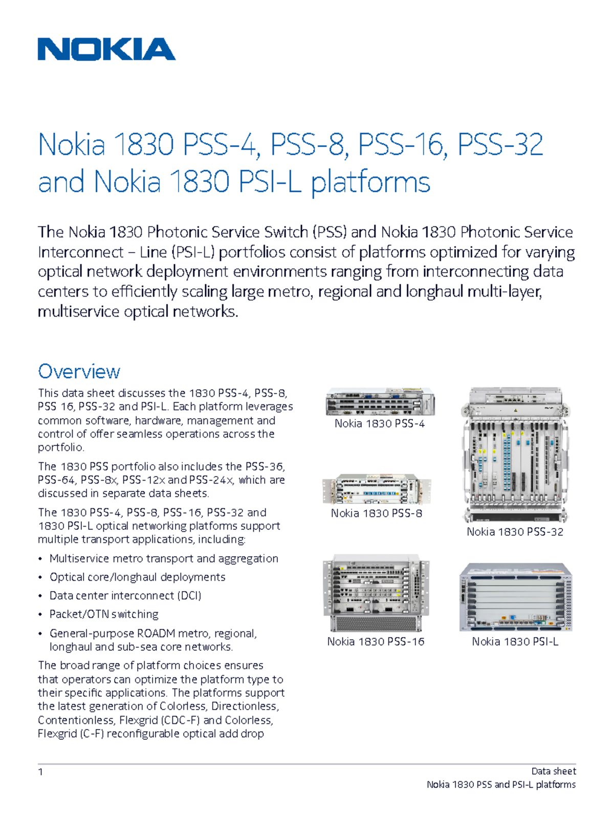 Nokia 1830 PSS & PSI-L Platforms Data Sheet - Overview and Features ...