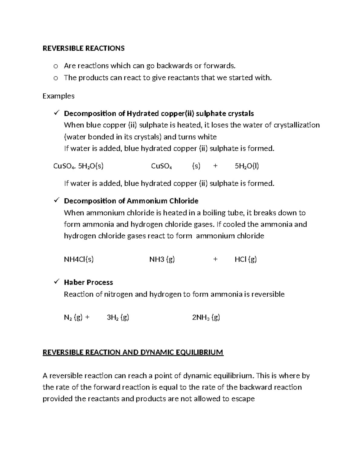 Chem 101: Reversible Reactions and Dynamic Equilibrium Notes - Studocu