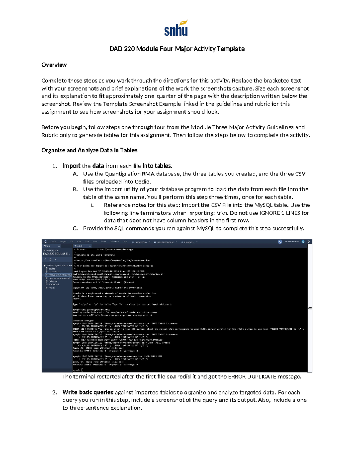 DAD 220 Major Activity: Organizing & Analyzing Data with SQL Queries - Studocu