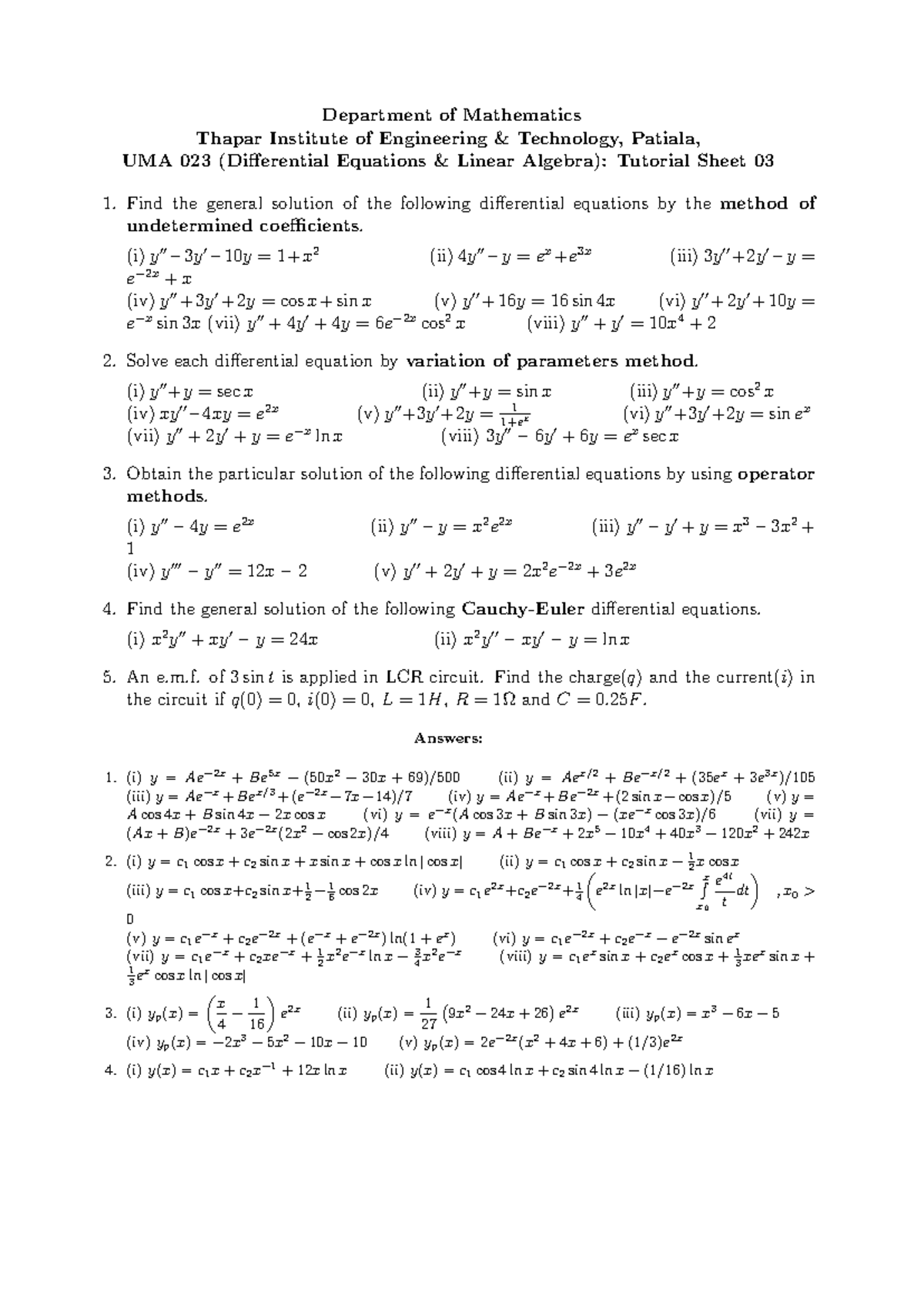 Tutorial Sheet 03 UMA 023: Differential Equations & Linear Algebra ...