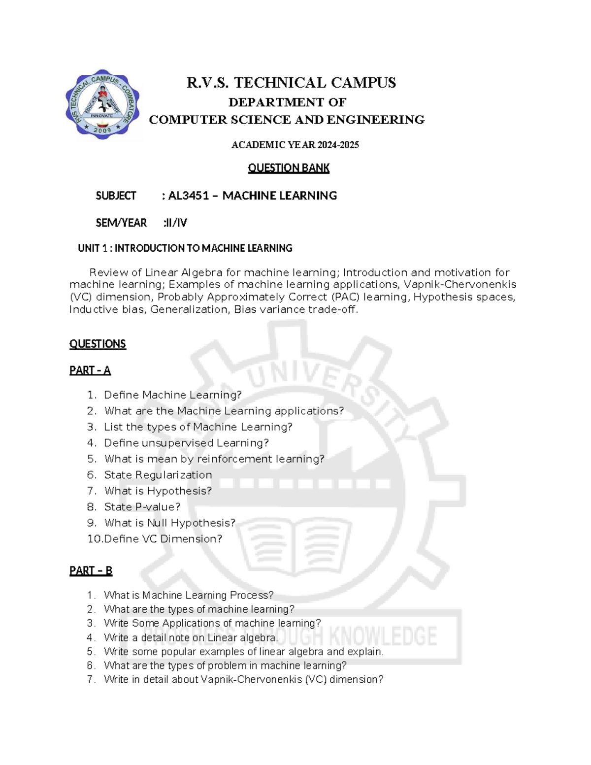 Question Bank for AL3451 Machine Learning - Class Notes - Studocu