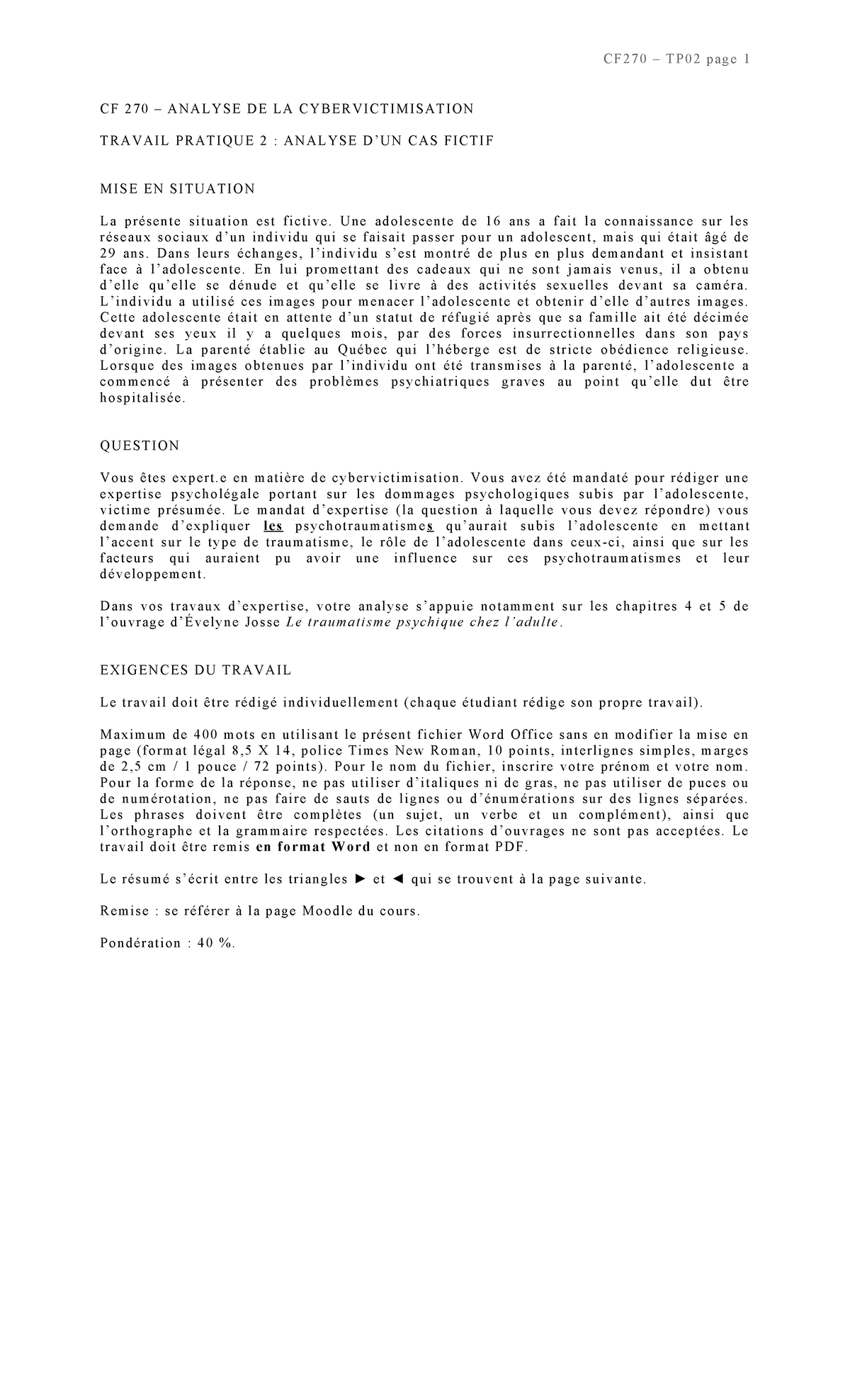 CF270 - TP02 - Analyse Psychologique de la Cybervictimisation - Studocu