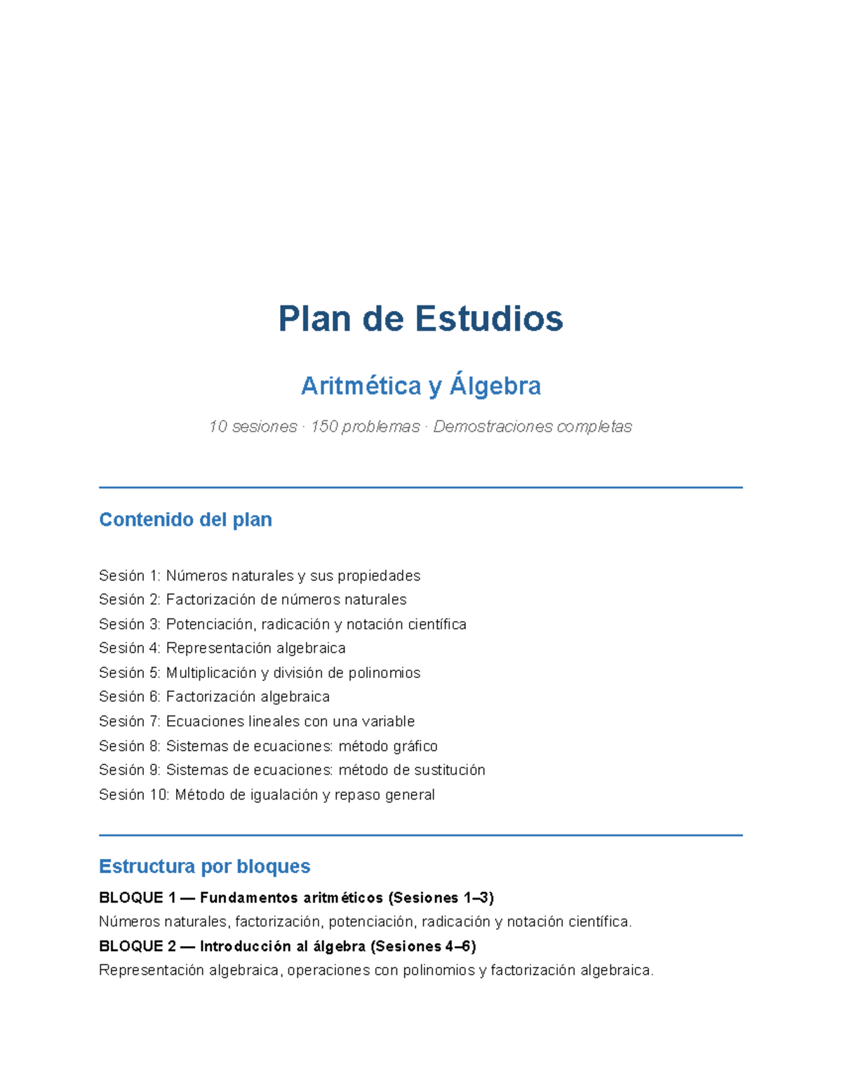 Plan de Estudios Aritmética y Álgebra: 10 Sesiones y 150 Problemas ...