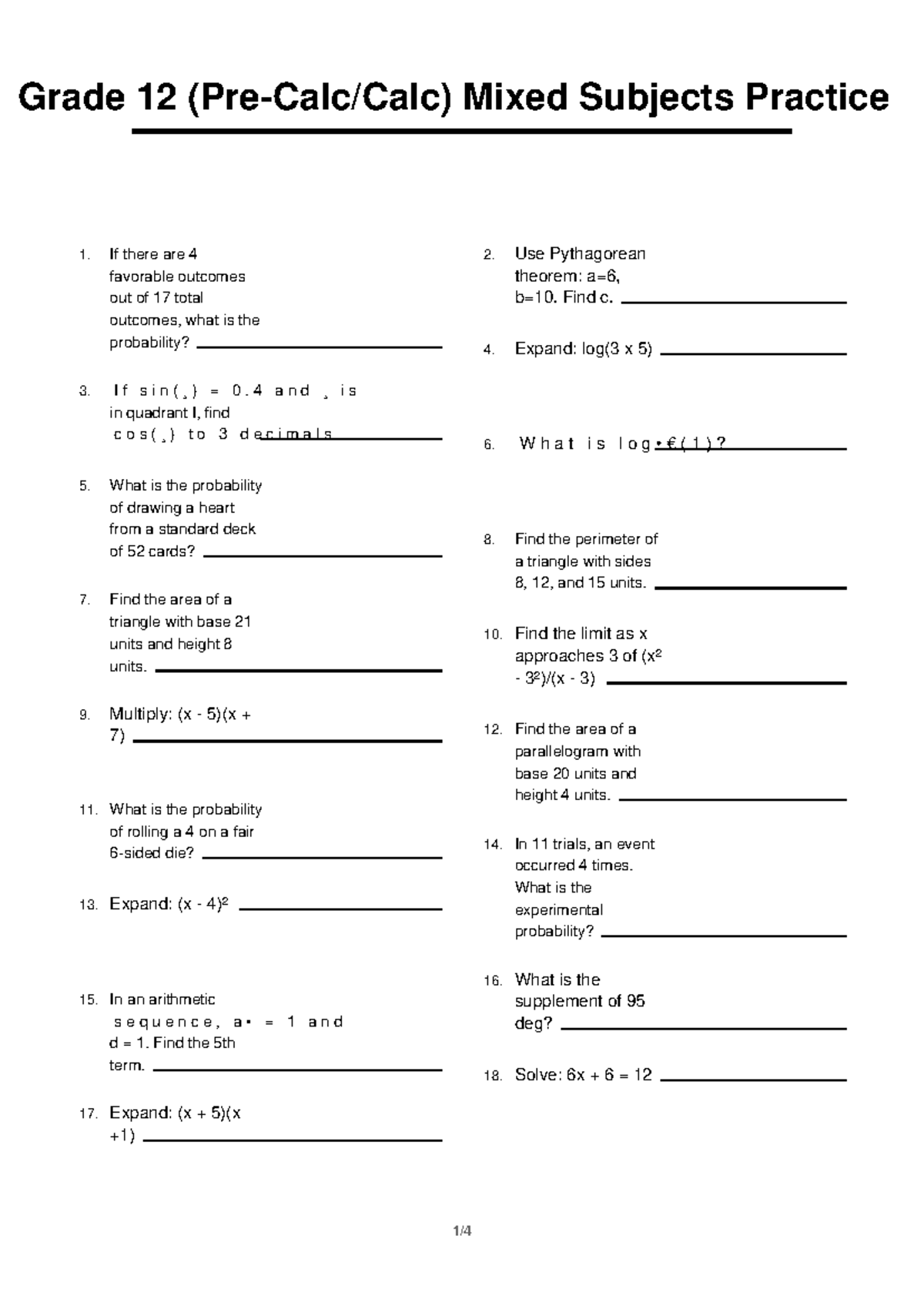 Grade 12 Math (Calc) Mixed Subjects Practice 1 - Studocu