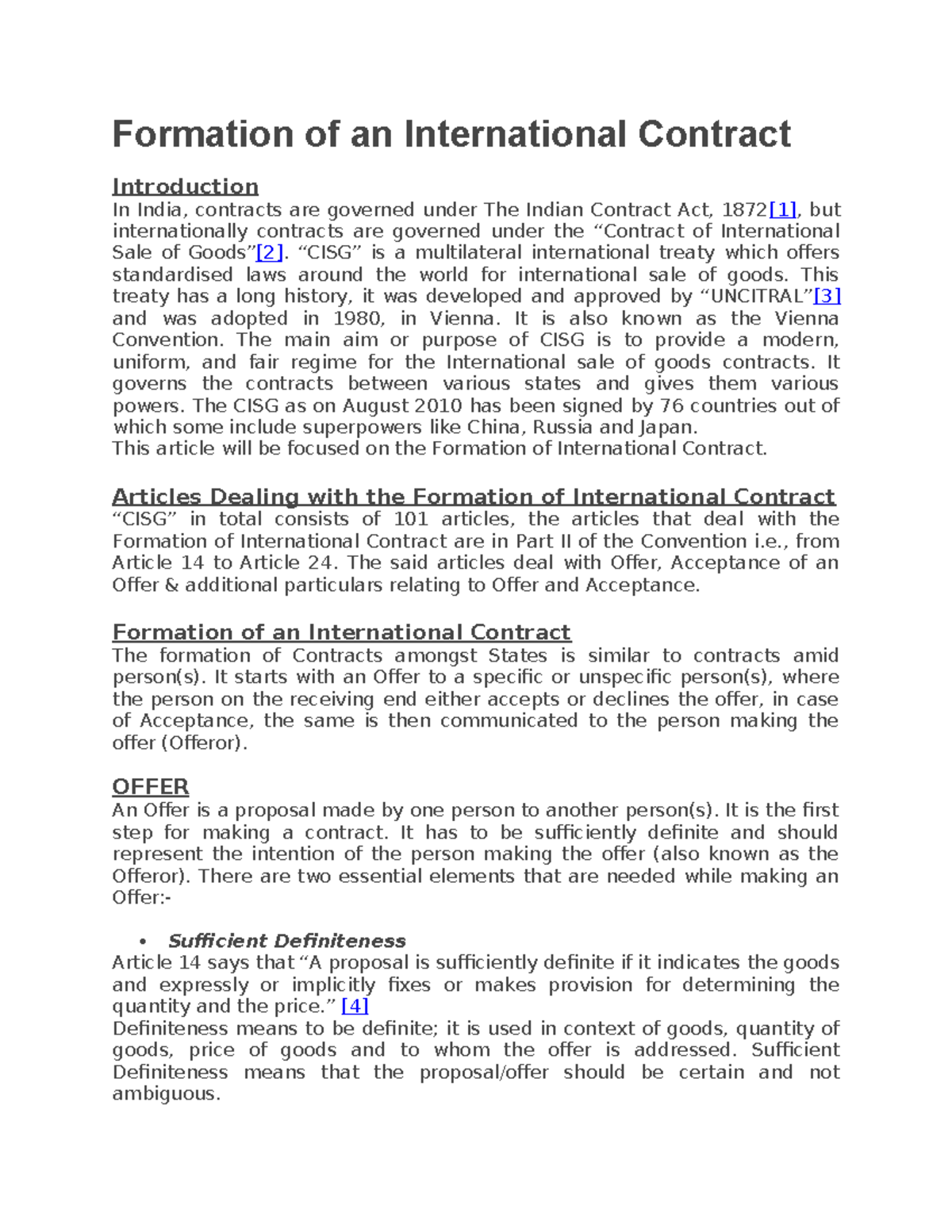 Icl - Formation of International Contracts under CISG - Studocu