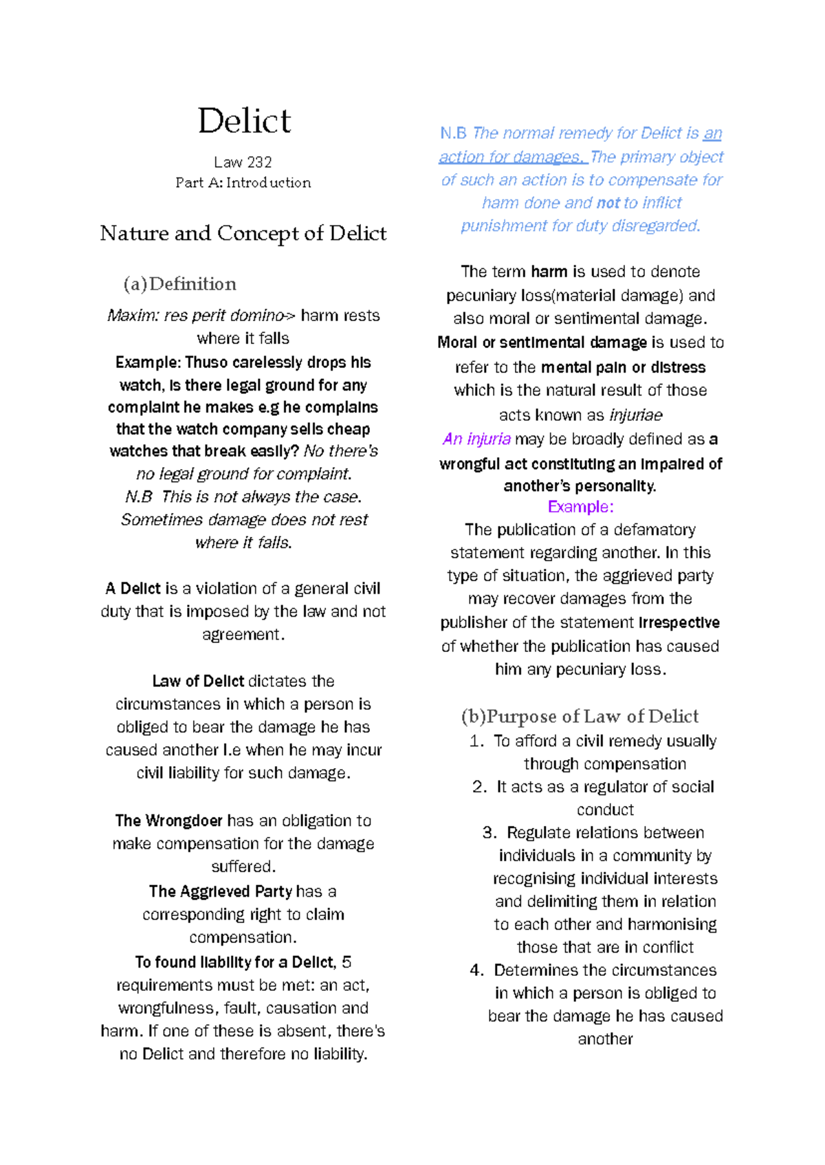 Law of Delict 232: Comprehensive Notes on Delict Principles and Cases ...