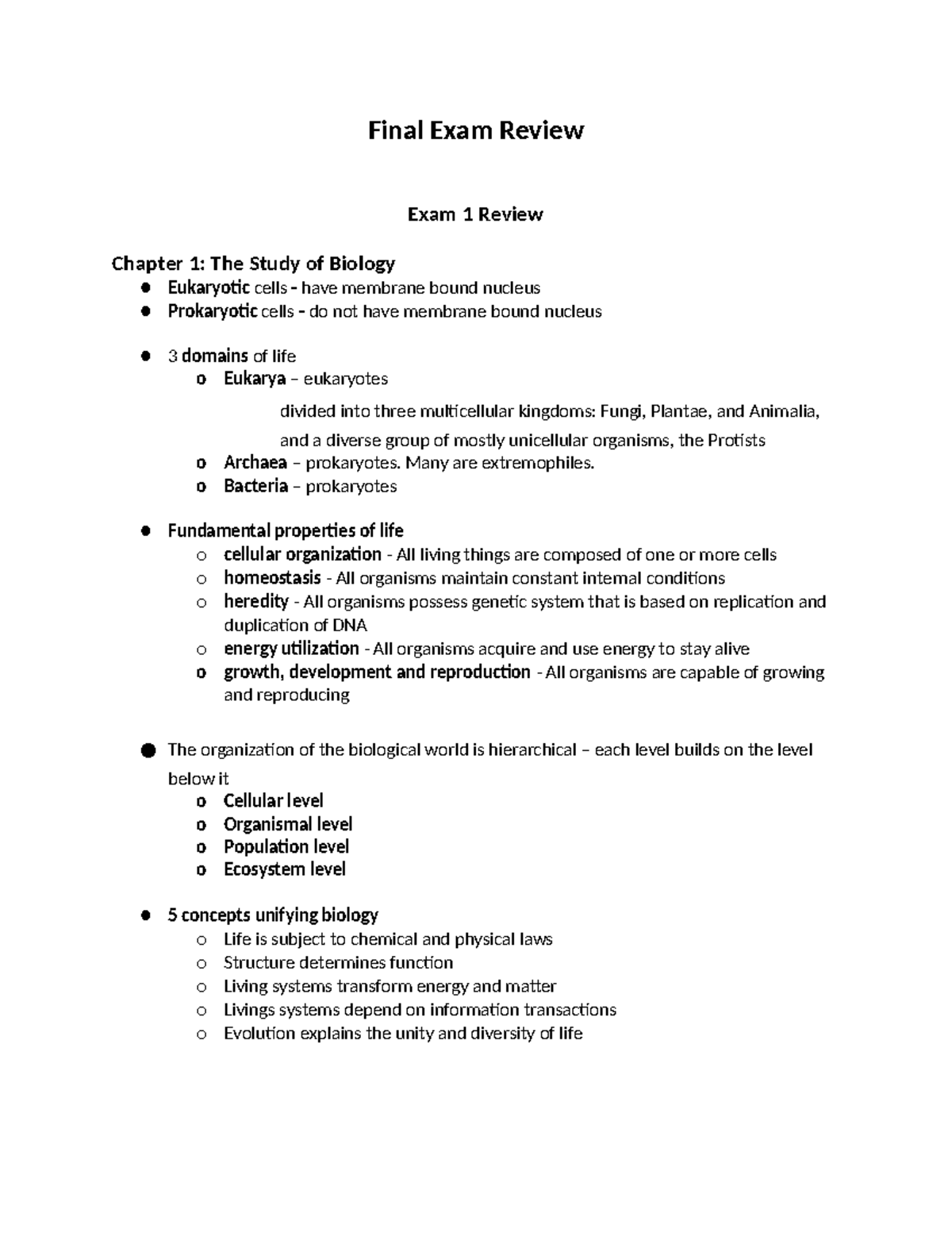 Final Exam Review for Biology (BIO 101): Key Concepts & Principles ...