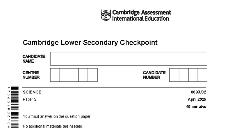 Cambridge Lower Secondary Checkpoint SCIENCE Paper 2 May 2025 - Studocu