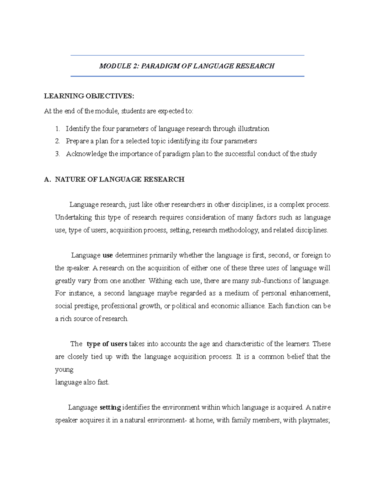 MODULE 2: LANGUAGE RESEARCH PARADIGMS & NATURE OF RESEARCH - Studocu