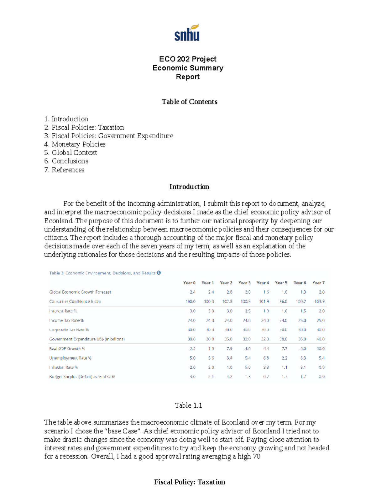 3-2 Simulation Checkpoint Assignment - ECO 202 Project Economic Summary Report Table of Contents ...