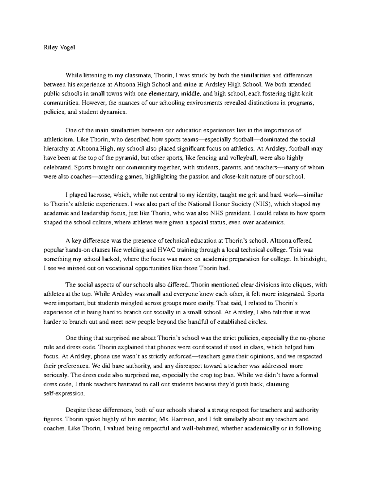 Part 2 reflection paper - Riley Vogel While listening to my classmate ...