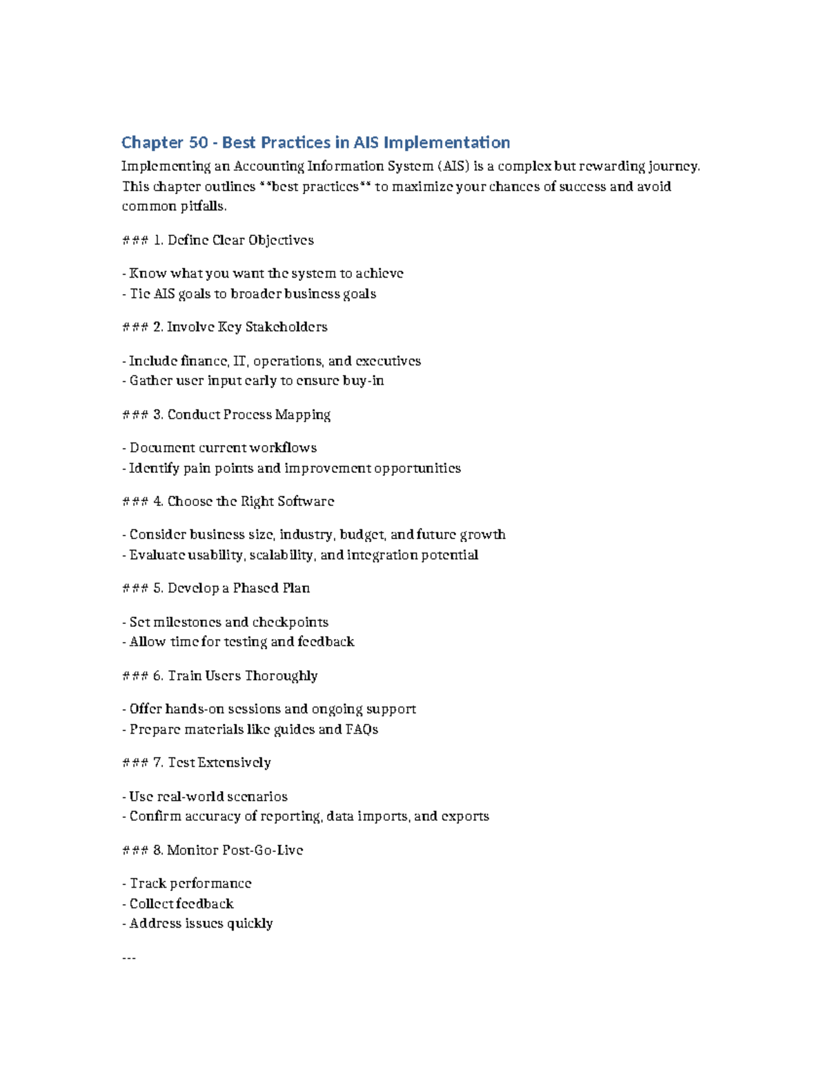 Chapter 50 - Best Practices for AIS Implementation Success - Studocu